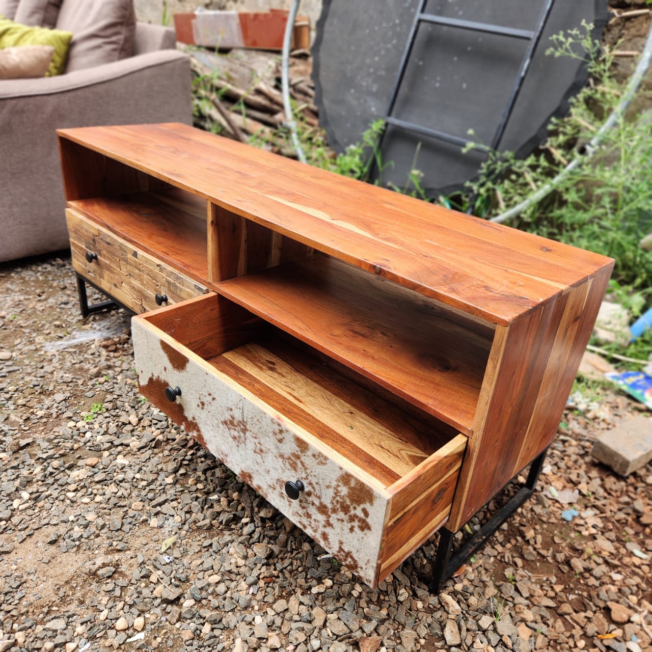 Rustic Wooden TV Stand With Cowhide | Corido Marketplace